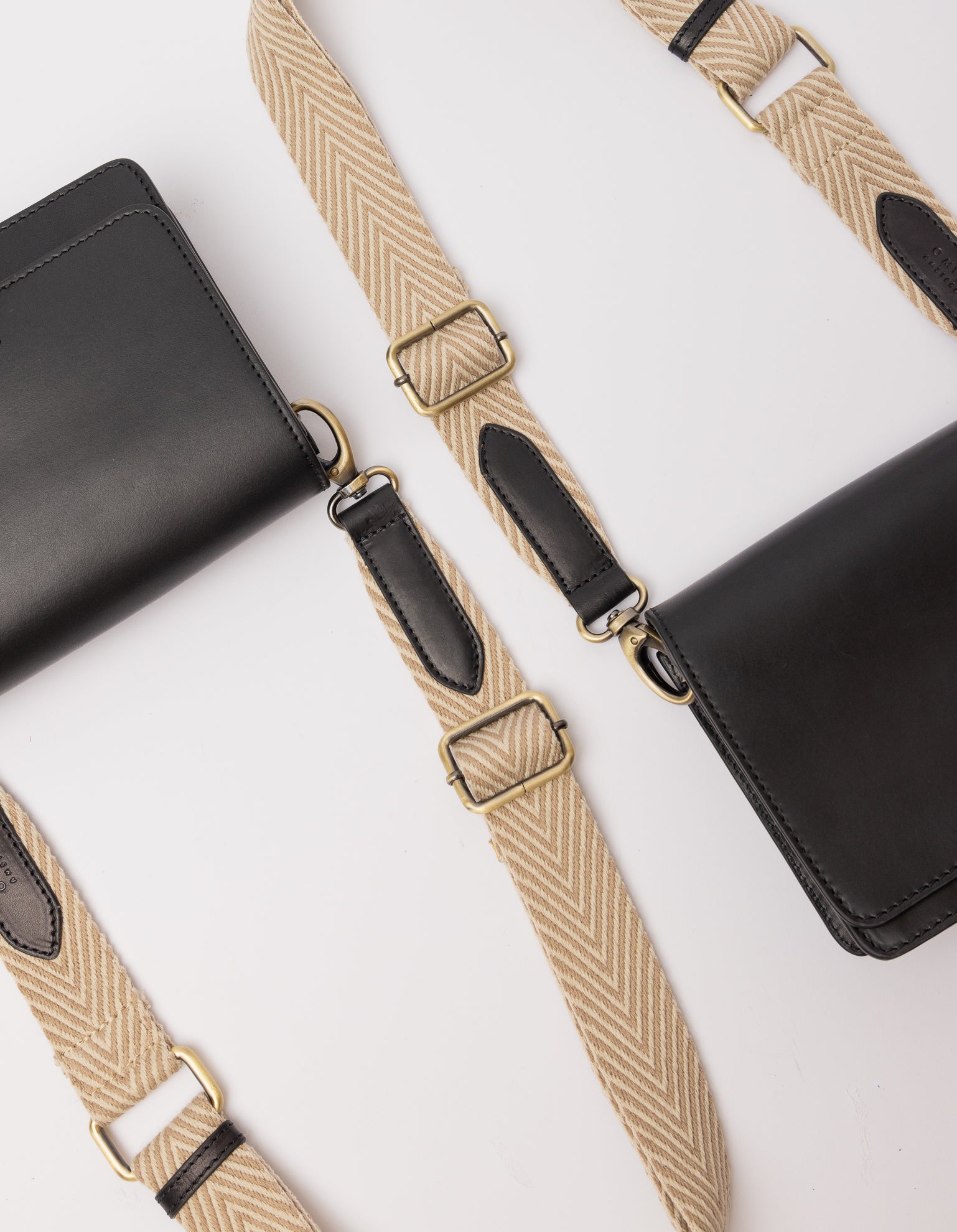 Herringbone Webbing Strap - Sand & Black Classic Leather