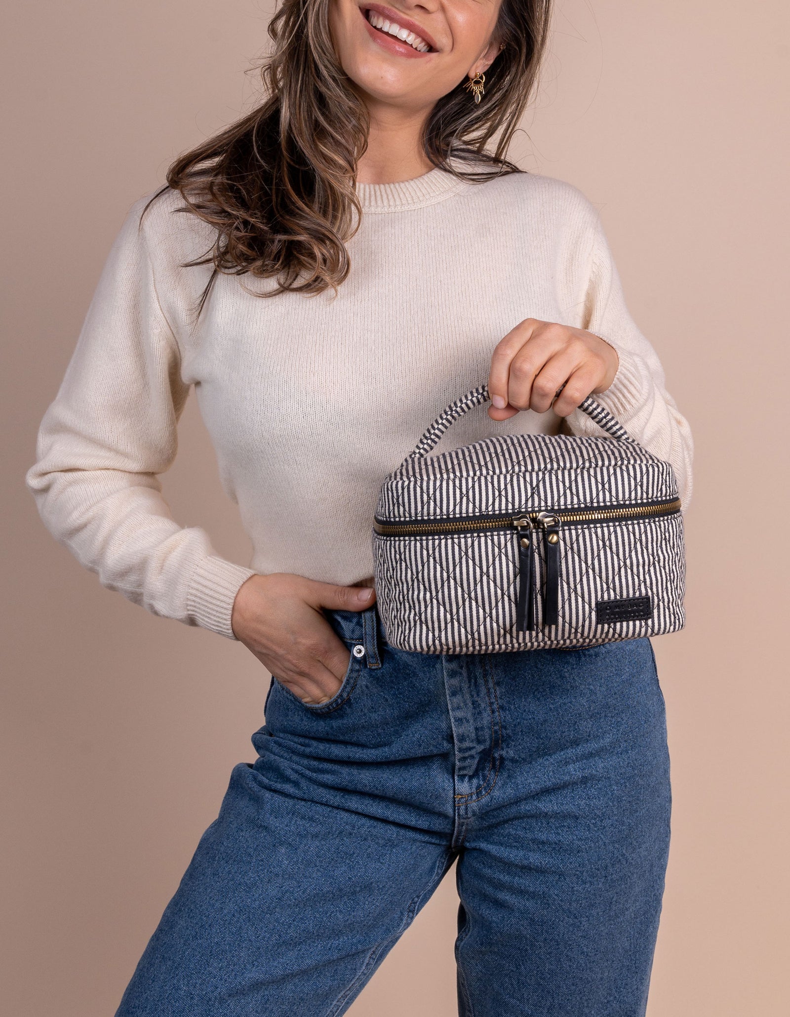 Elise Makeup Bag - Cotton Black Classic Leather